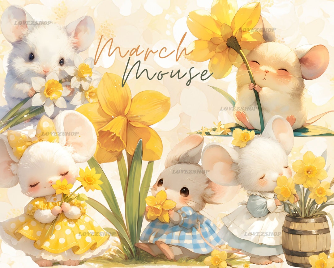 11 Mouse With Birth Month Flower for March, Mice With Flowers, JPG ...