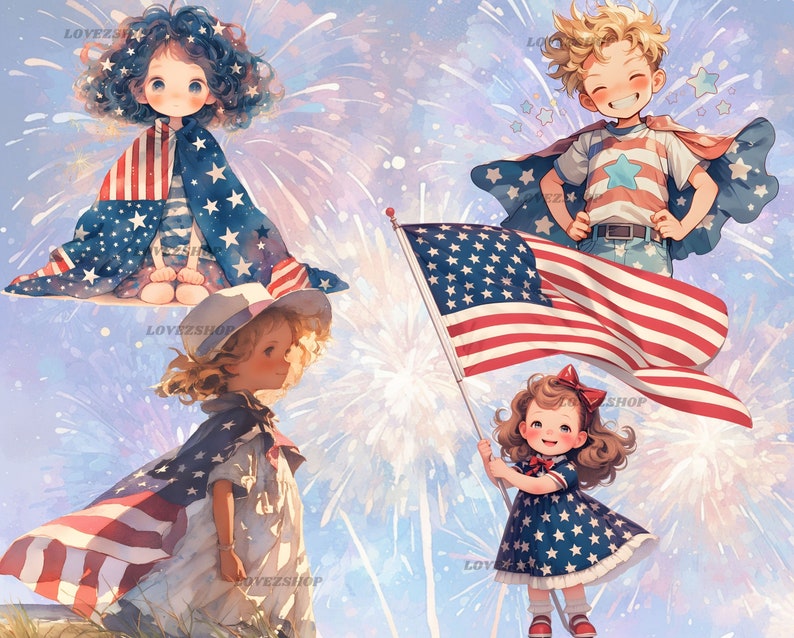 18 Fourth of July Kids Clipart, 4th of July Kids Watercolor Style JPG ...