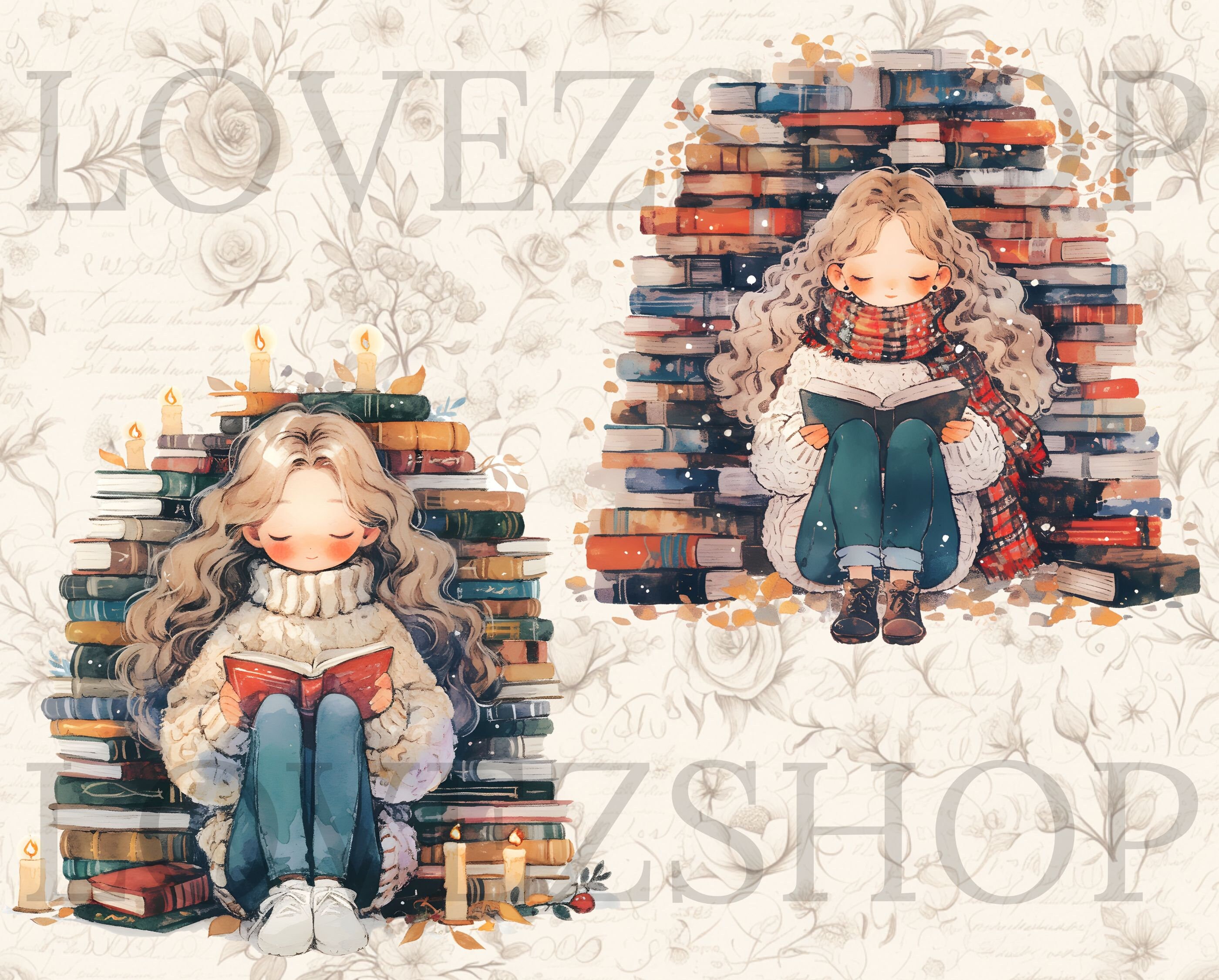 15 Book Lover Girl Clipart, Watercolor Autumn Clipart, Pretty Girl ...
