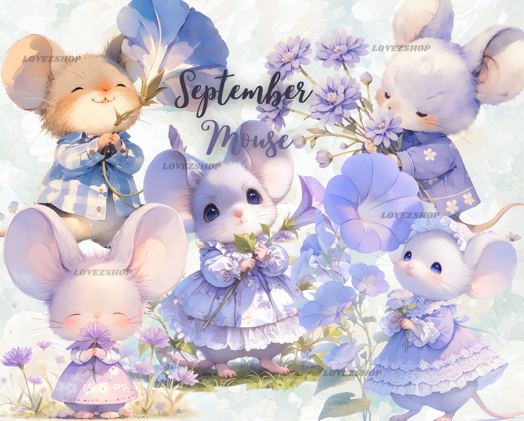 15 Mouse With Birth Month Flower for September, Aster and Morning Glory ...