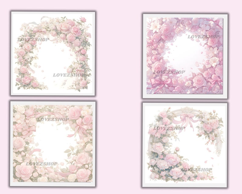 20 Pink Roses Border, Watercolor Rose JPG Bundle, Birthday Wedding ...