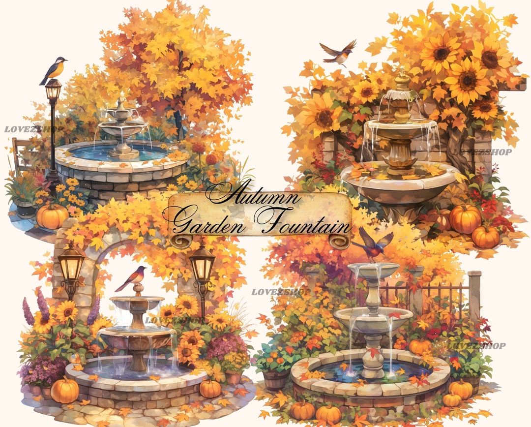 21 Autumn Garden Fountain, Watercolor Fall Garden JPG Clipart Bundle ...