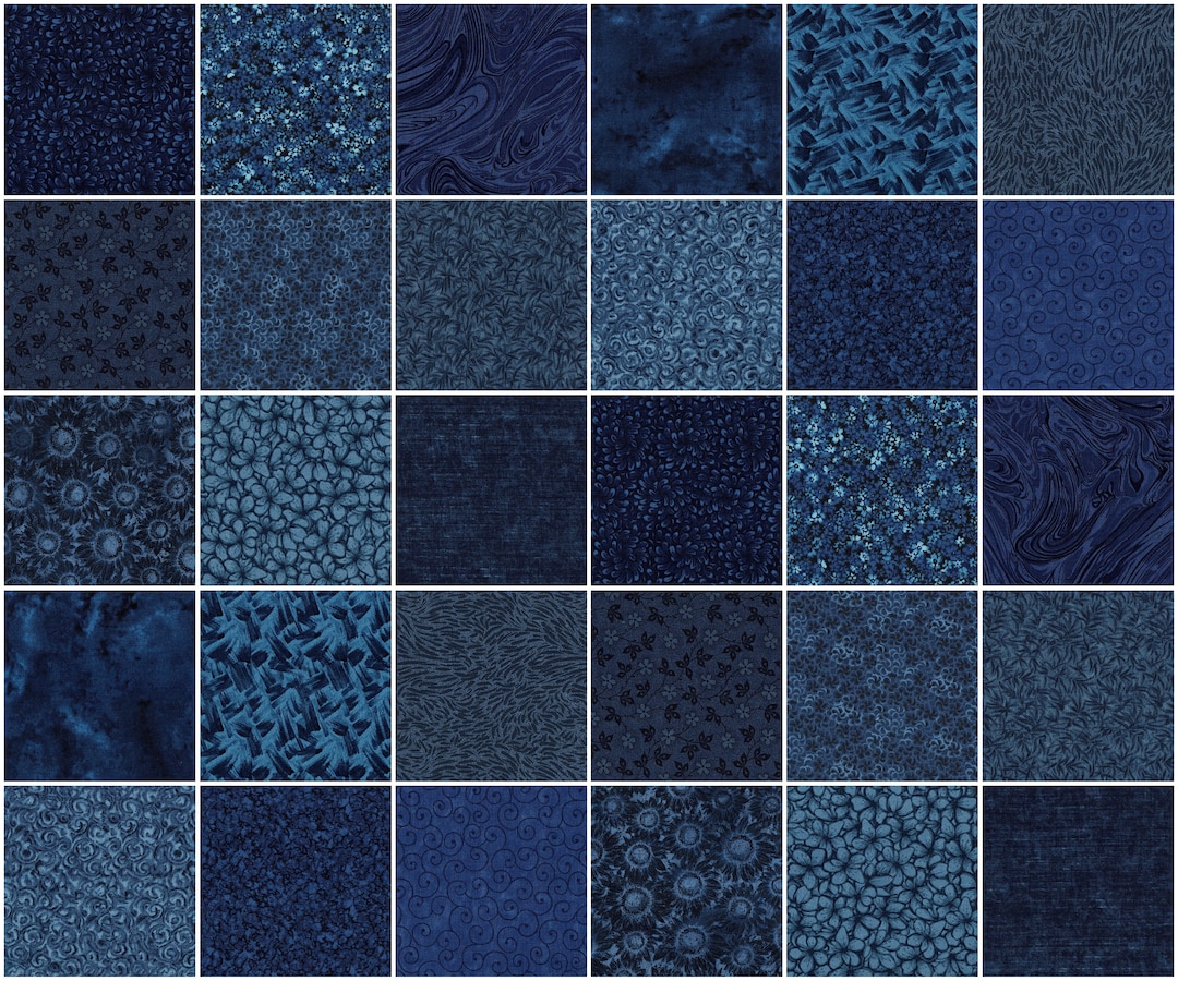 Dark Blue Navy Blue Prints 5 Quilt Fabric Charm Squares 30 Squares per ...