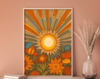 Vintage 70s Style Sunshine Flower Field Art Print 70s Flowers Hippie ...