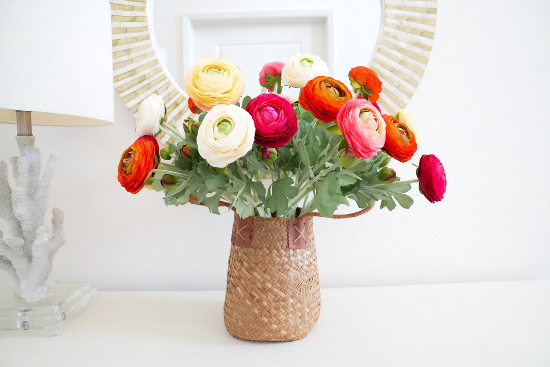 Faux Ranunculus Arrangement | Silk Flower Bouquet in Bamboo Vase - Etsy