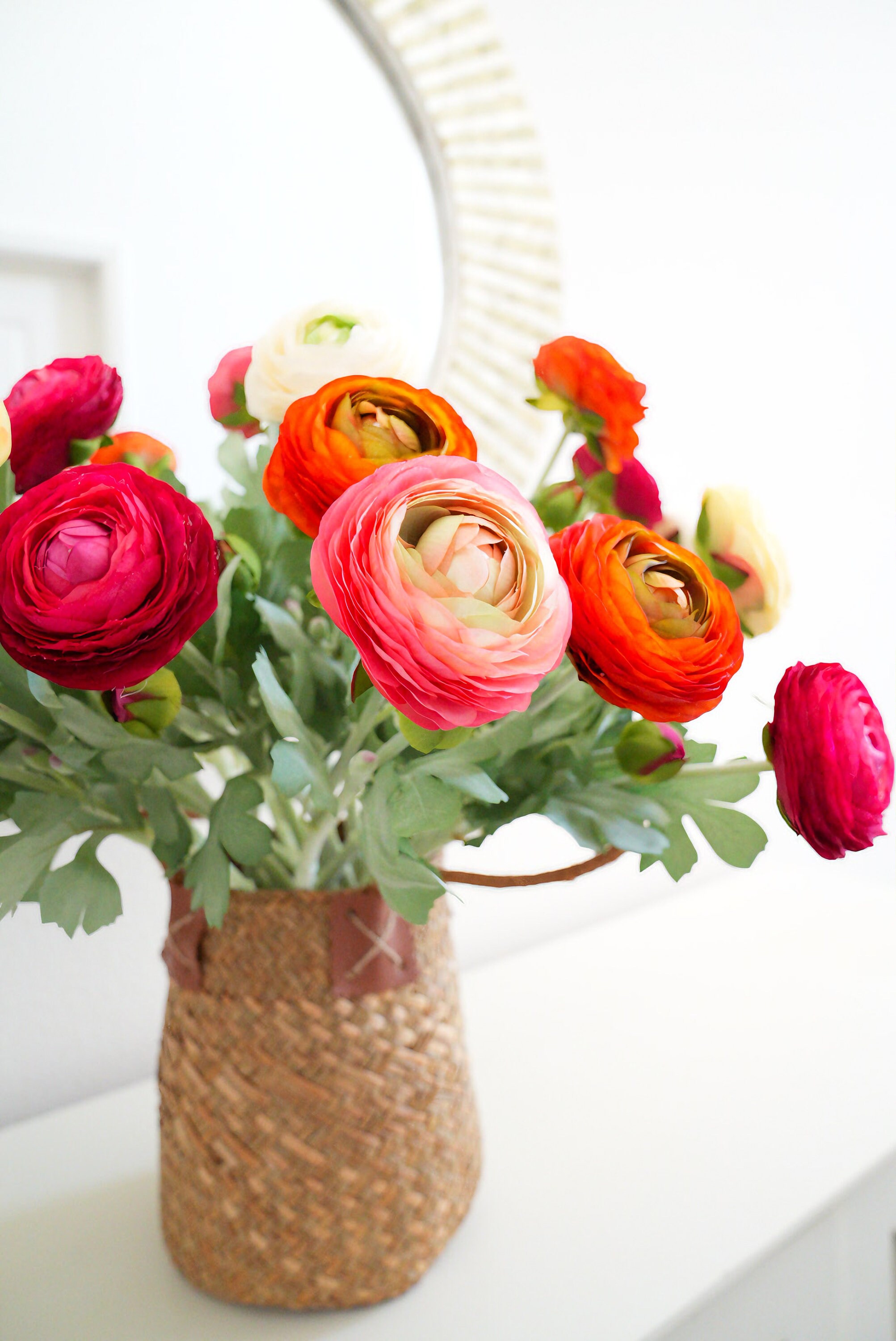 Faux Ranunculus Arrangement | Silk Flower Bouquet in Bamboo Vase - Etsy
