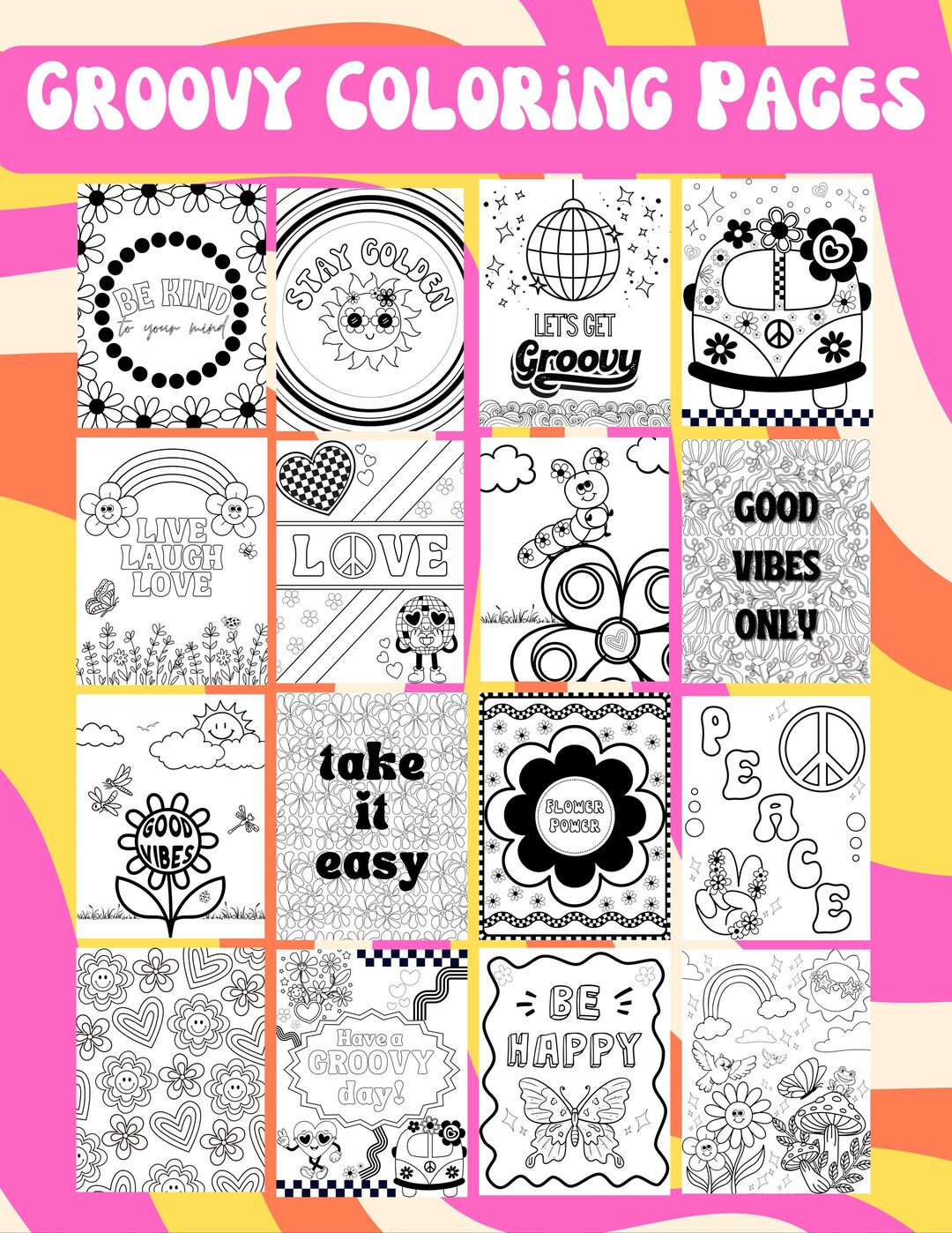 Retro Groovy Coloring Book Digital Download Template Designs Arts and ...