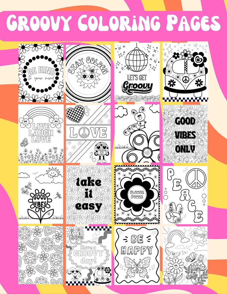 Retro Groovy Coloring Book Digital Download Template Designs Arts and ...