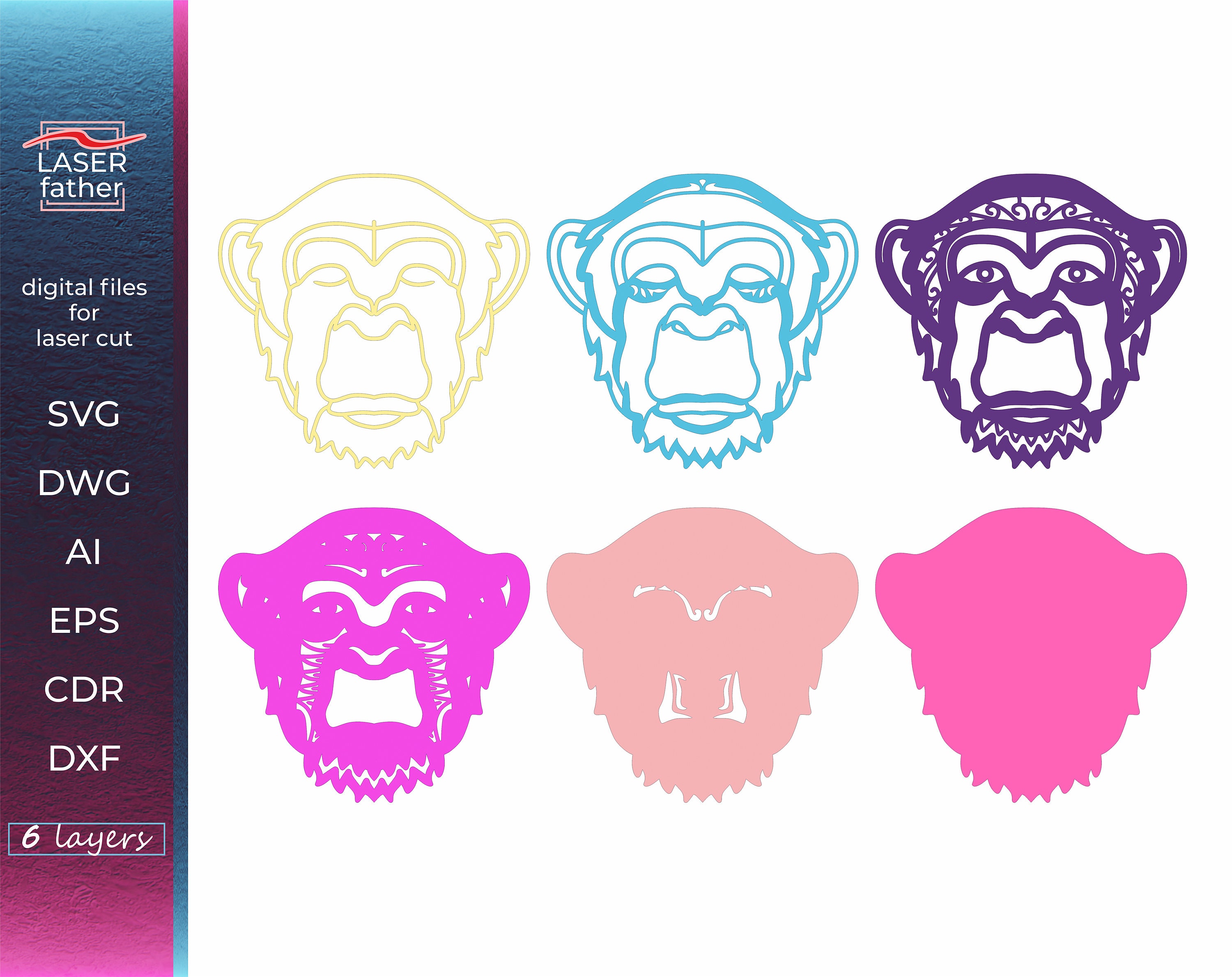 Monkey Face SVG, Laser Ready DXF File, Safari Animal Silhouette ...
