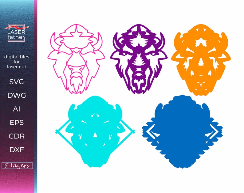 Buffalo Head SVG, Cut Files for Cricut, Layered Templates, Bison Vector ...