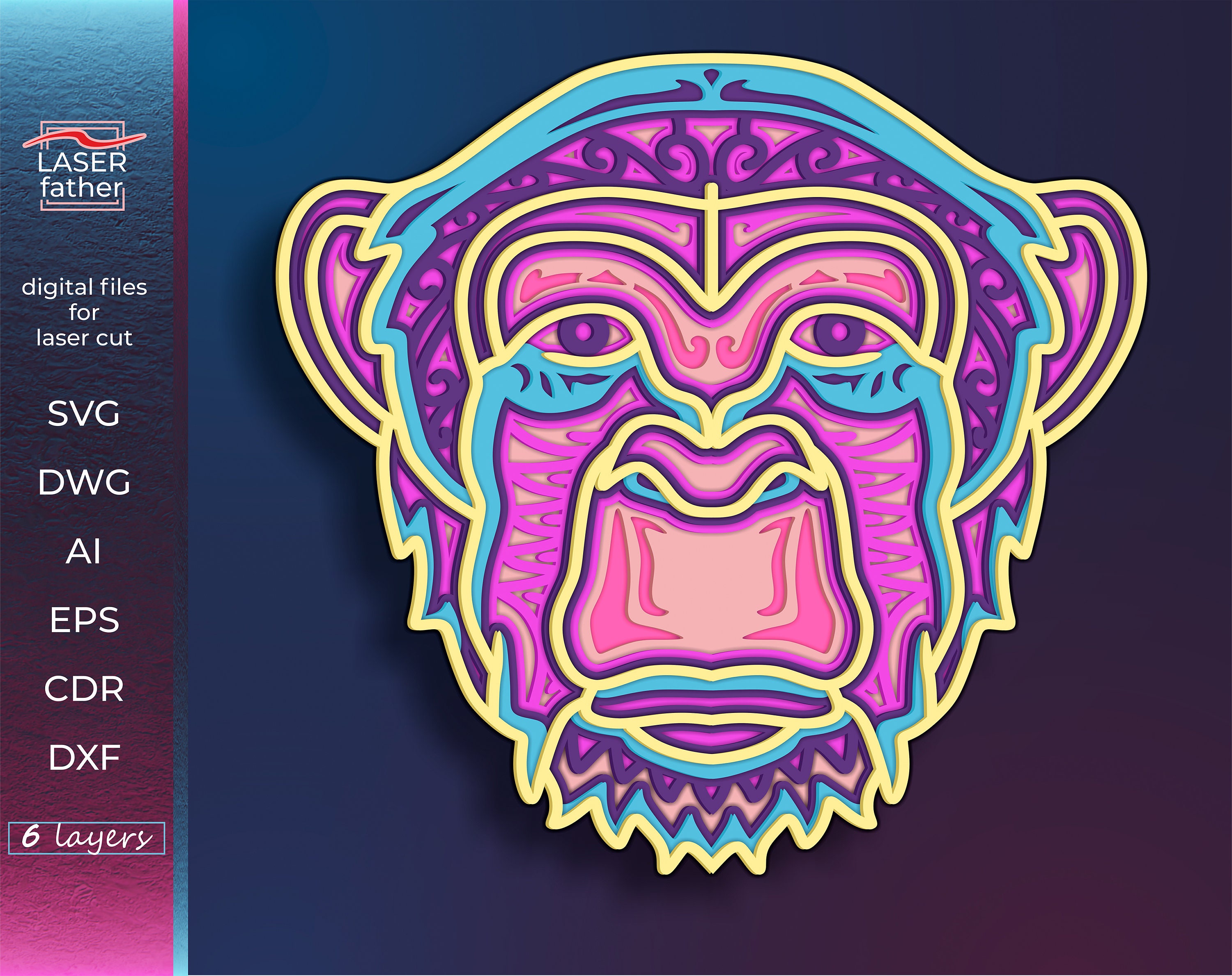 Monkey Face SVG, Laser Ready DXF File, Safari Animal Silhouette ...