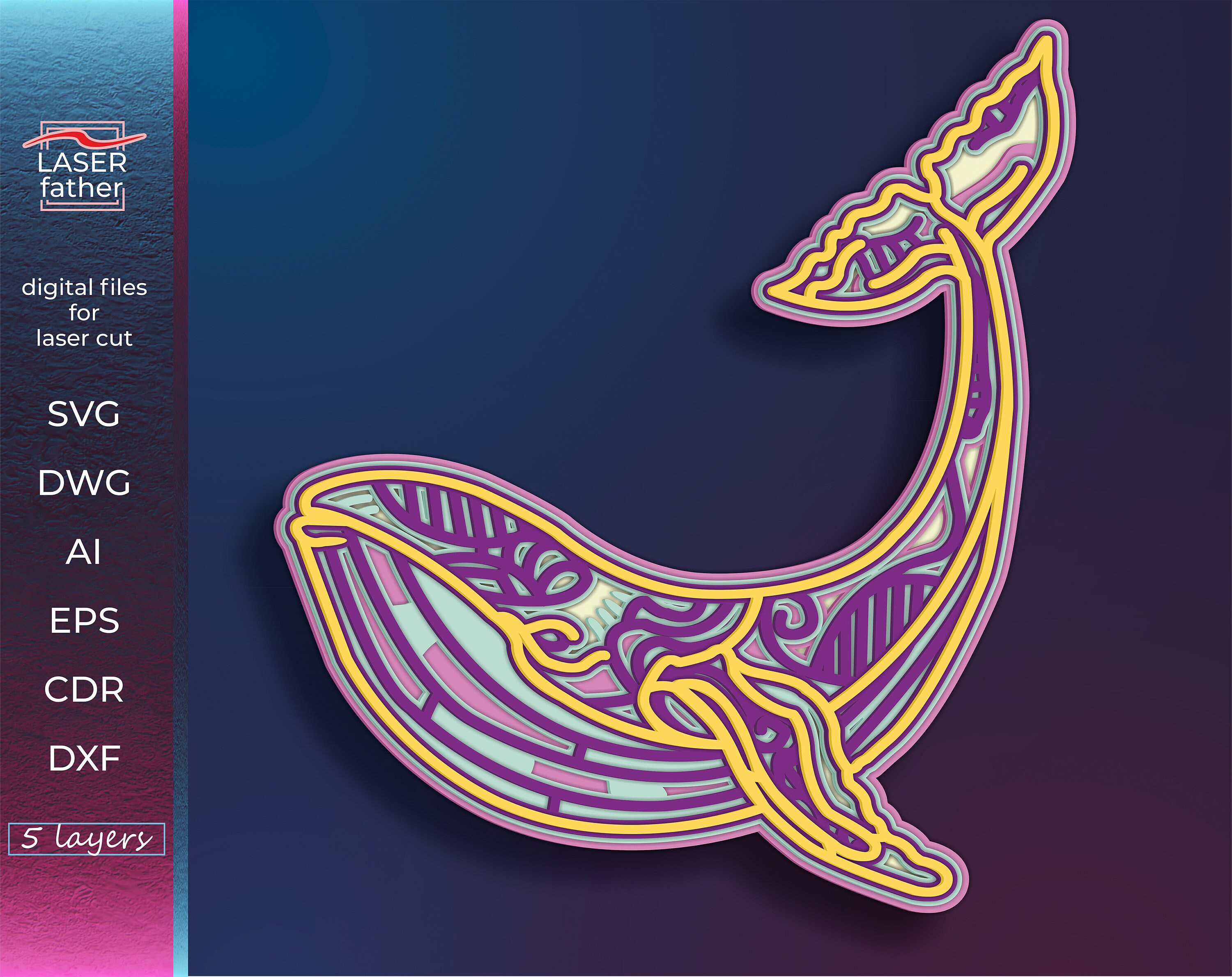 Whale Silhouette, Ocean Animal SVG, Glowforge Template, 3D Layered Cut ...