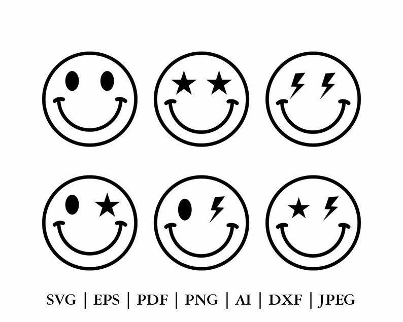 Pack of 6 Smiley Faces SVG and PNG Files for Cricut, Silhouette, T ...