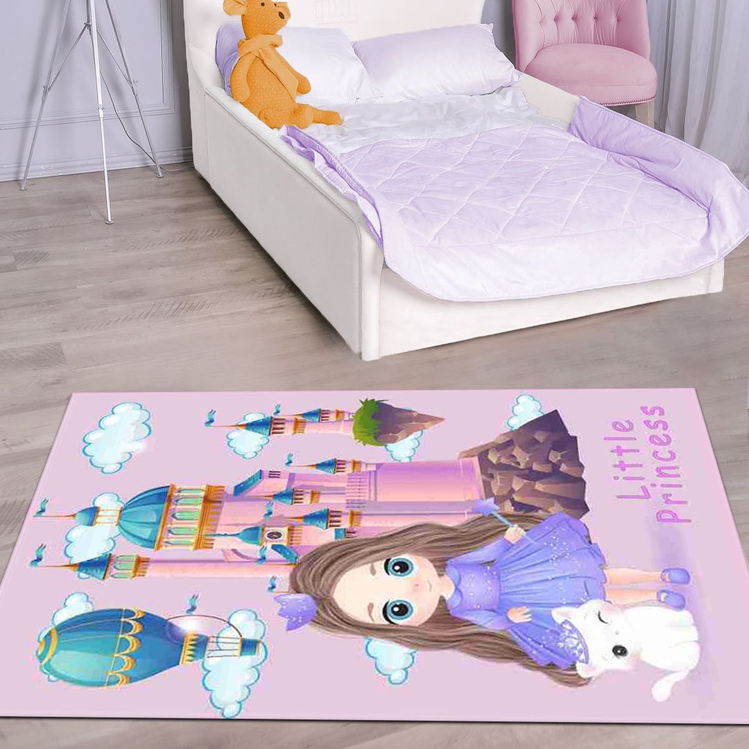 Princess Nursery Rug: Girl and Cat Playmat, Anti-slip Kids Carpet - Etsy