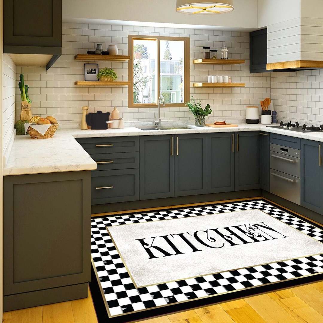 Black Checkers Kitchen Runner Rug: Non-slip, Machine Washable - Etsy