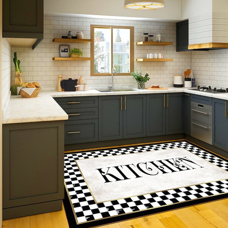 Black Checkers Kitchen Runner Rug: Non-slip, Machine Washable - Etsy