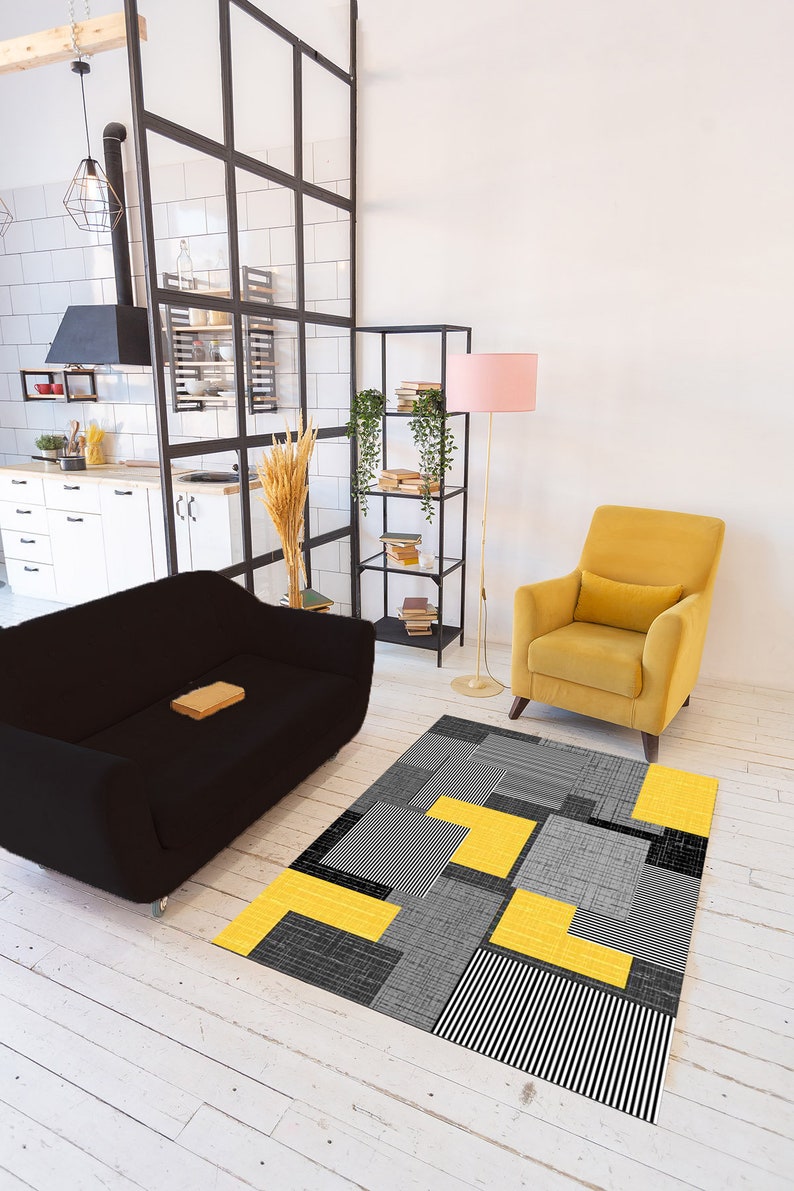 Yellow & Gray Geometric Rug, Modern Living Room Decor - Etsy