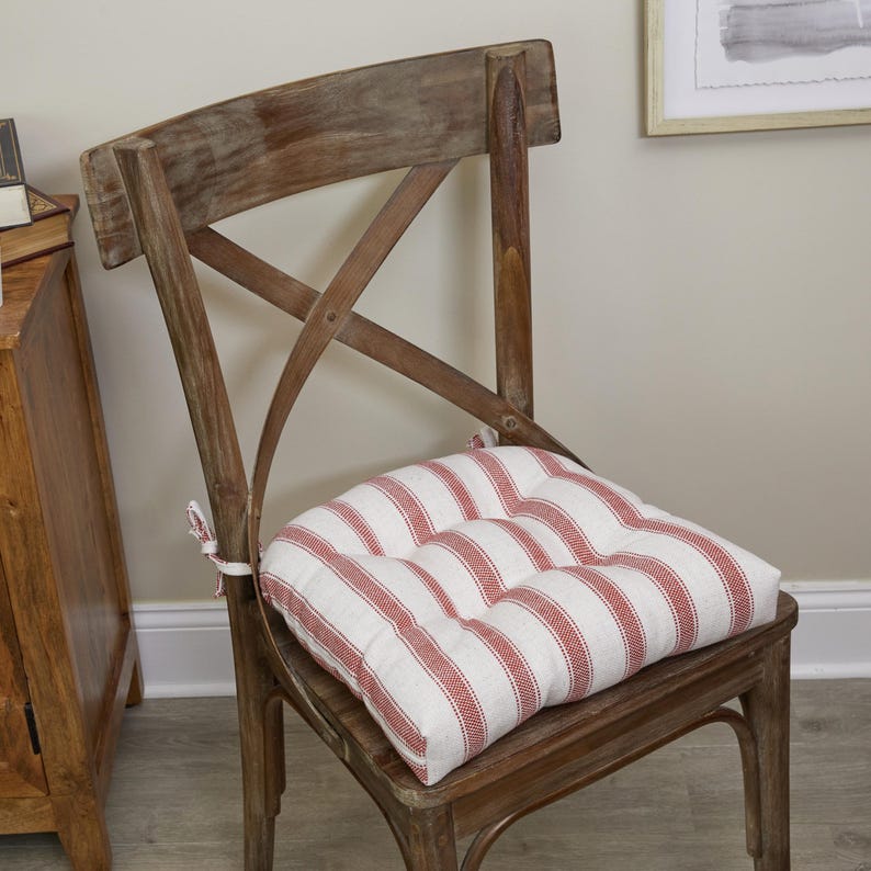 Striped Linen Chair Pad W/ Ties - U-shape, Red Stripe Farmhouse Seat ...