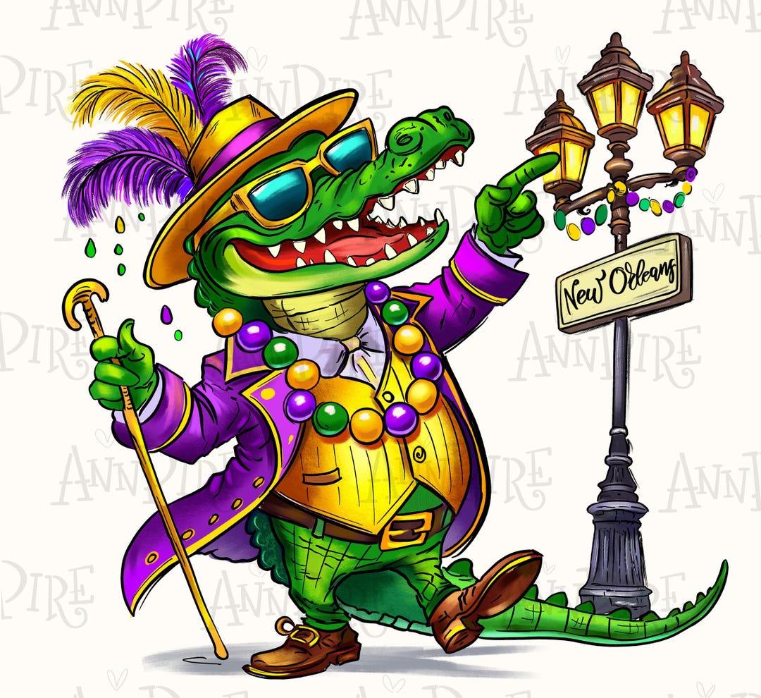 Gator Mardi Gras Alligator Hand Drawn Png, Sublimation Design, Digital ...