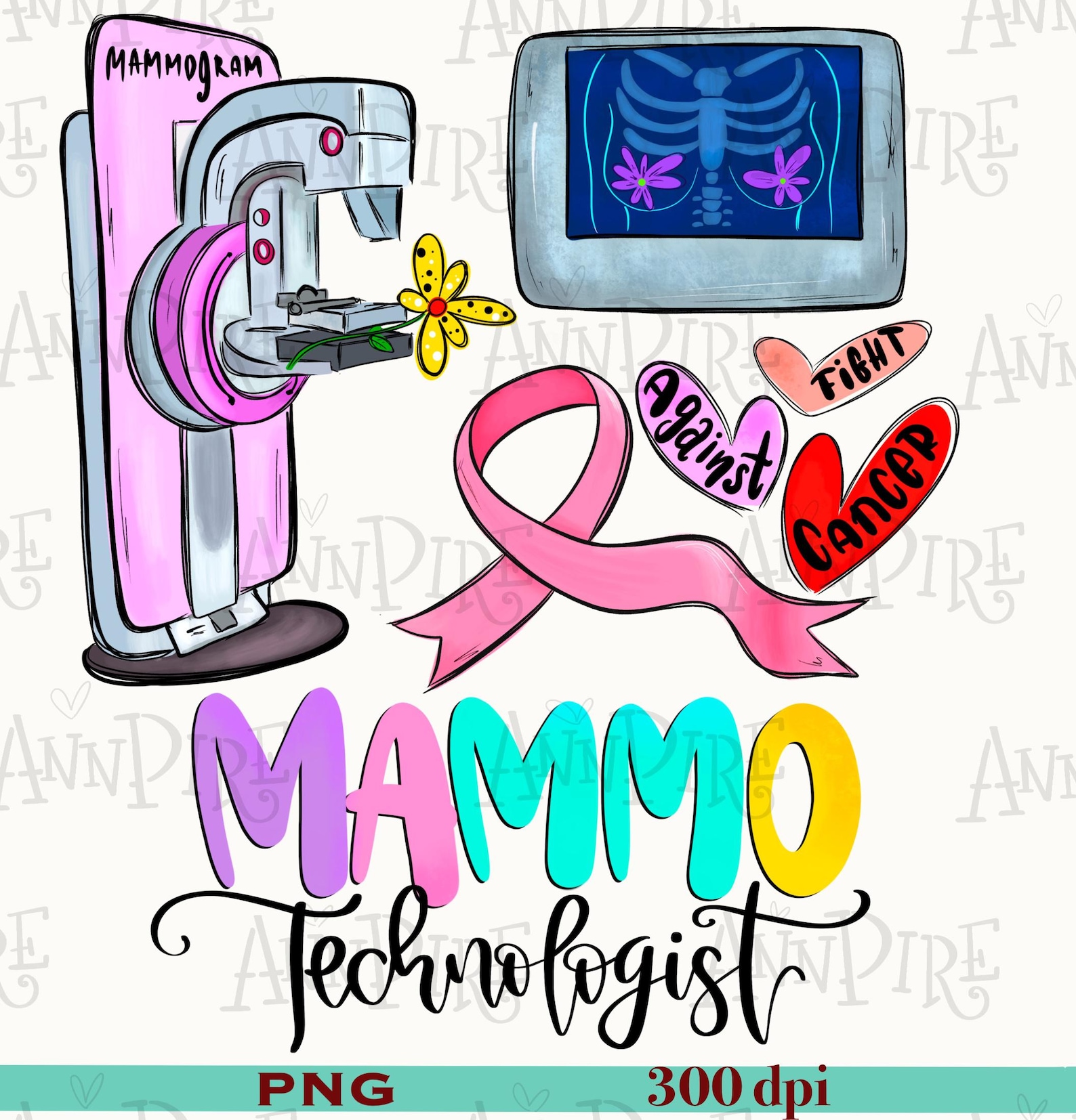 Hand Drawn Mammography Tech Sublimation Design, Breast Cancer Awareness ...