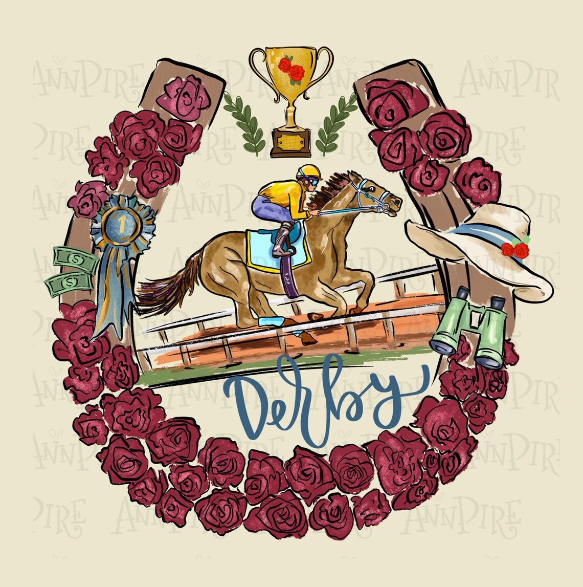 Kentucky Derby Sublimation PNG Design, Racing Horse, Red Roses Wreath ...