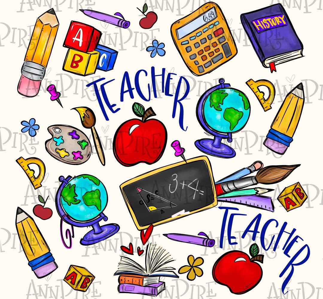 Teacher Pattern, Teach Sublimation PNG Design, Hand Drawn (digital ...