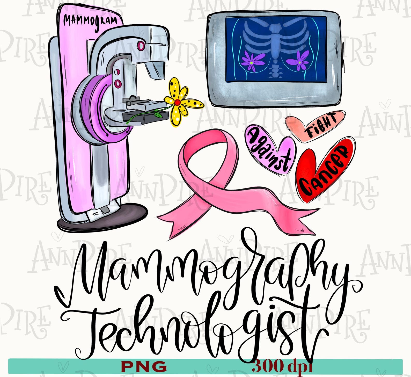 Hand Drawn Mammography Tech Sublimation Design, Breast Cancer Awareness ...