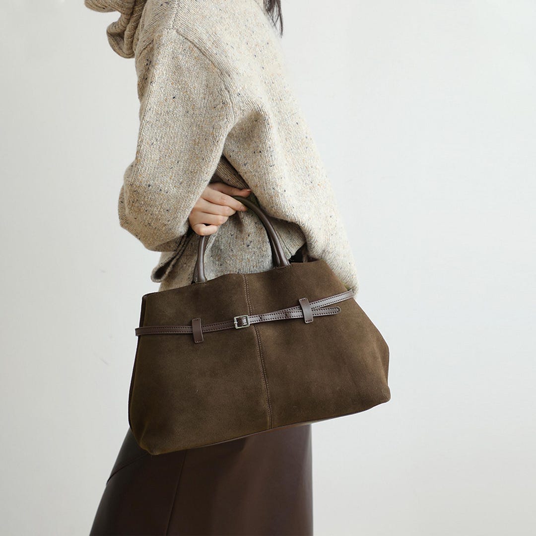 Large Suede Tote Bag, Minimal Top Handle Bag, Women's Suede Leather ...