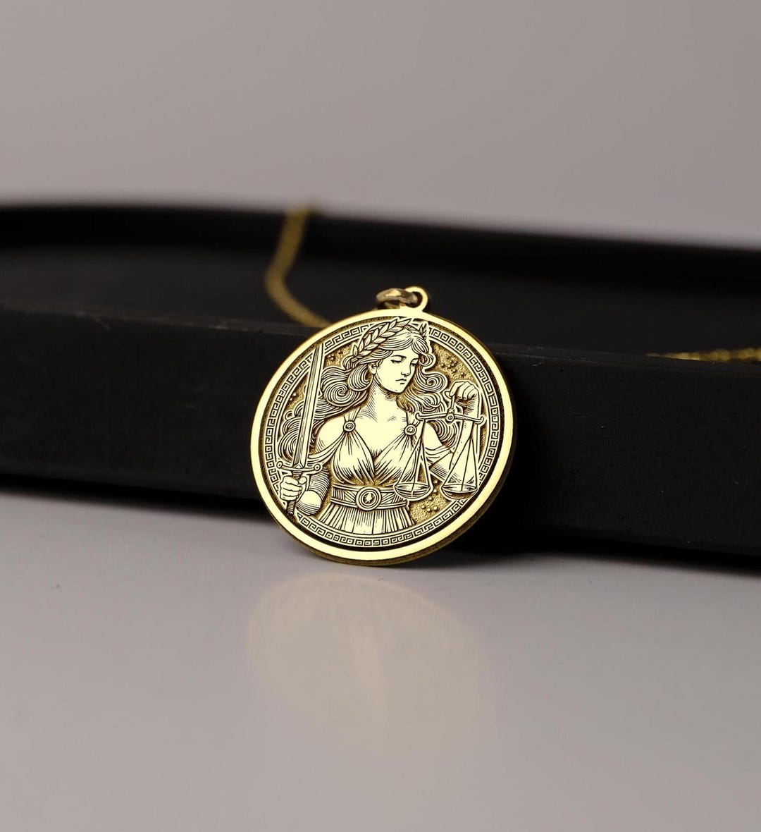 14K Gold Nemesis Necklace: Greek Goddess Medallion, Justice Symbol - Etsy