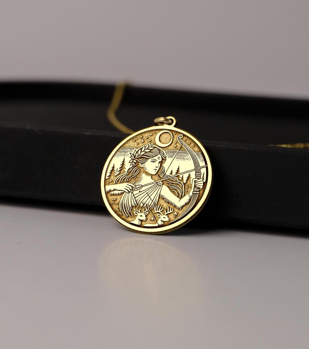 14K Gold Artemis Necklace - Greek Goddess of the Hunt & Moon - 925K ...