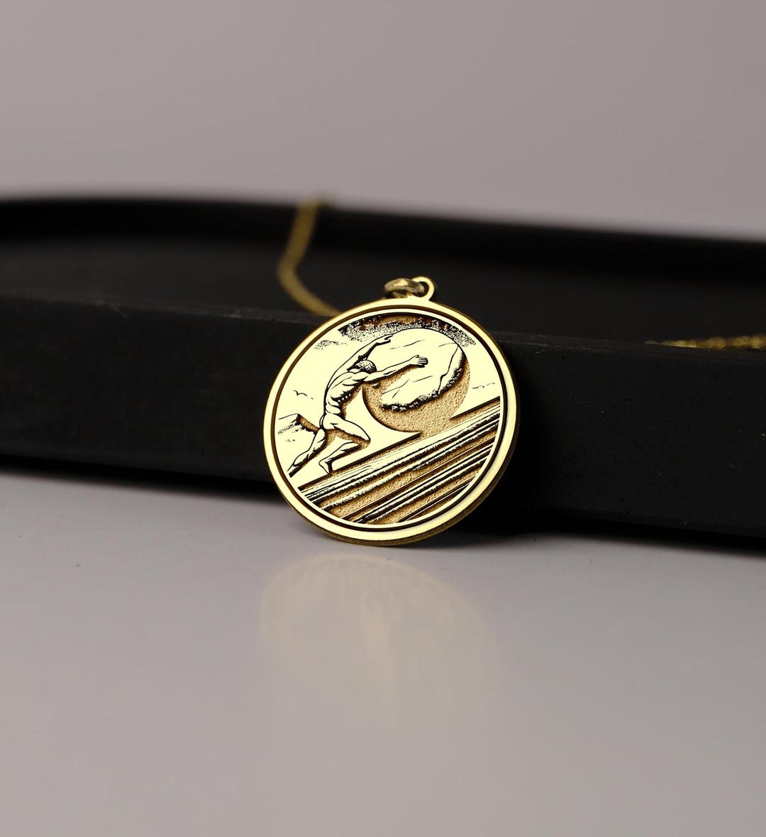 14K Gold Sisyphus Pendant: Greek Mythology Necklace, Symbol of ...