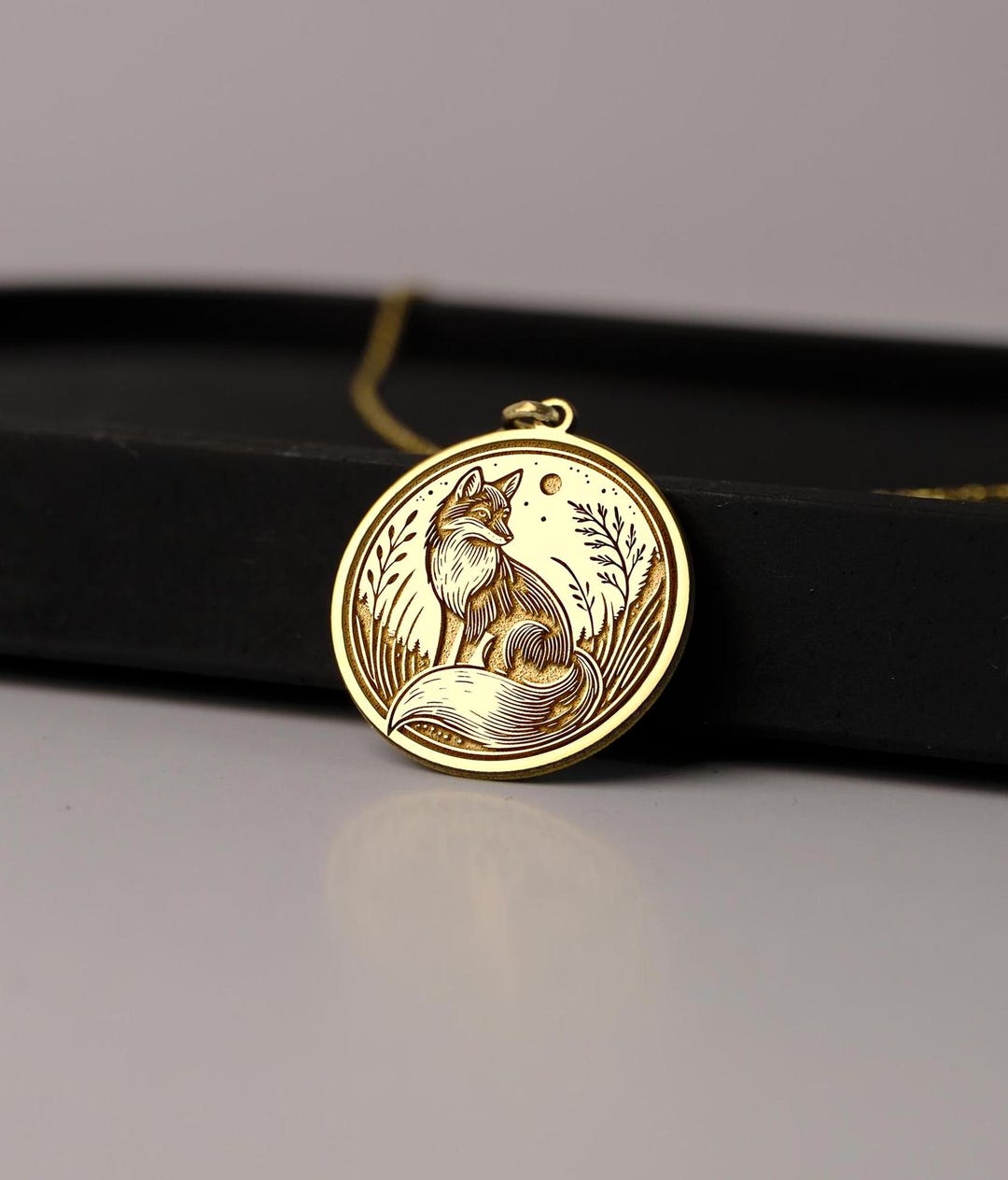 14K Gold Fox Medallion Necklace: Engraved Forest Spirit Animal Amulet ...