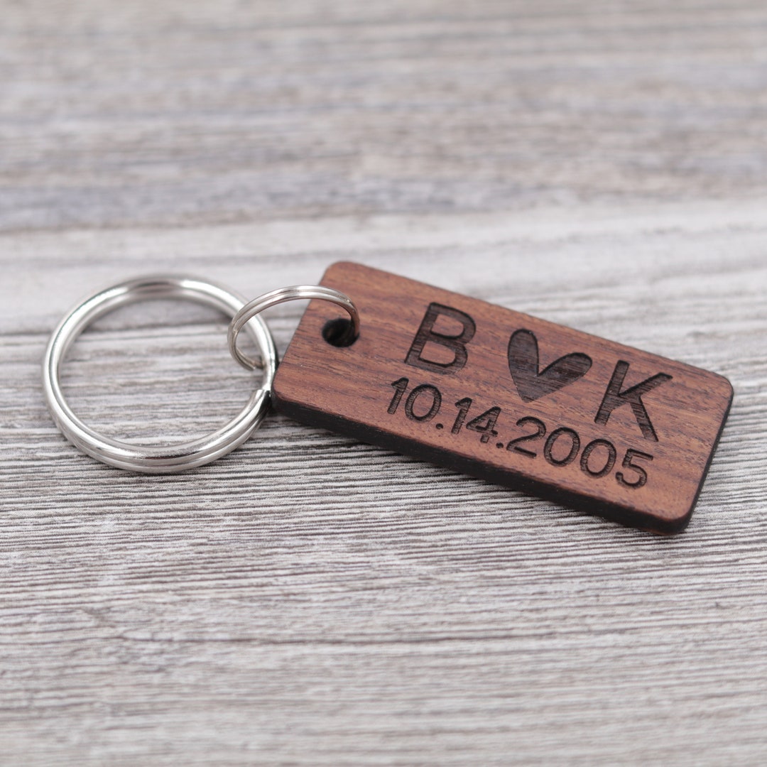 Initials With Heart & Date Keychain (rectangle): Personalized Wood ...