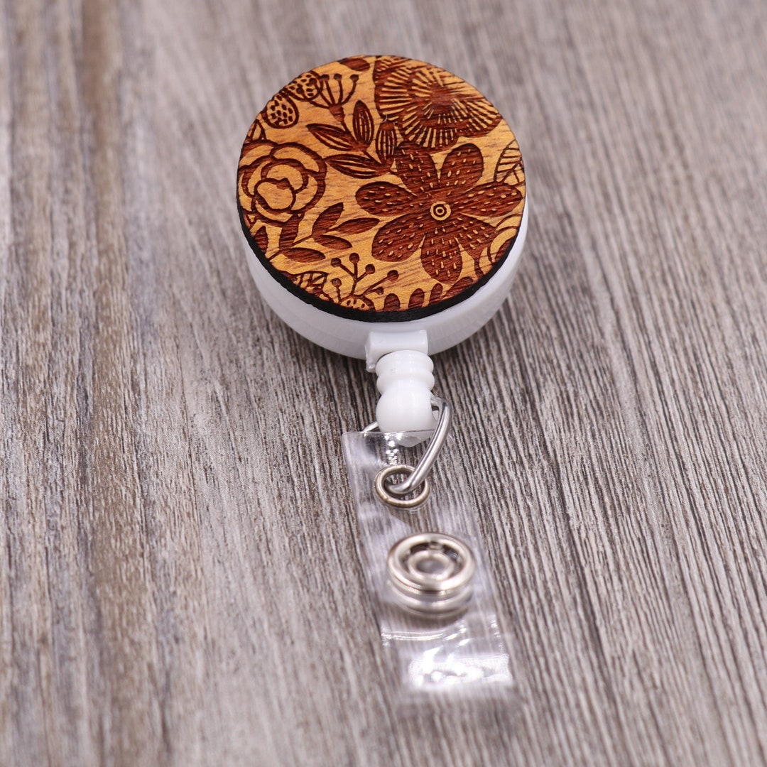 Stamped Flowers Badge, Floral Design, Custom Badge Reel, Retractable ...