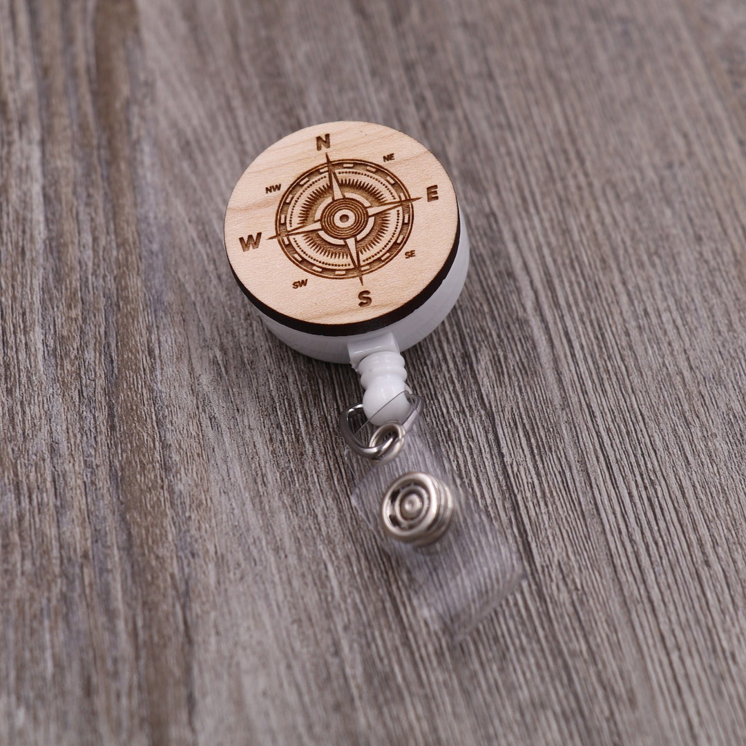 Compass Rose: Custom Engraved Wood Retractable Badge Reel - Etsy