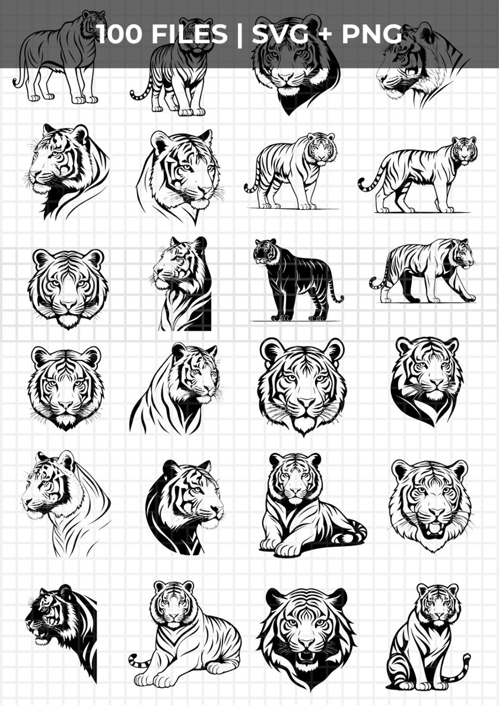 Tiger 100 SVG Bundle - Tiger PNG, Tiger Silhouette - Instant Download ...