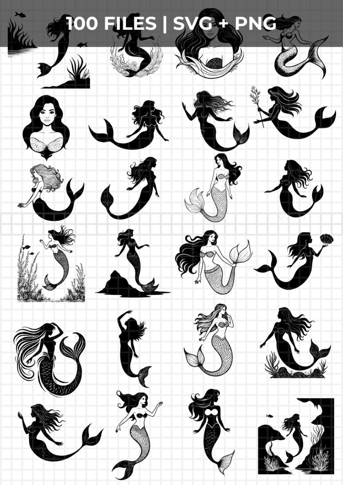 Mermaid 100 SVG Bundle - Mermaid PNG, Mermaid Silhouette - Instant ...