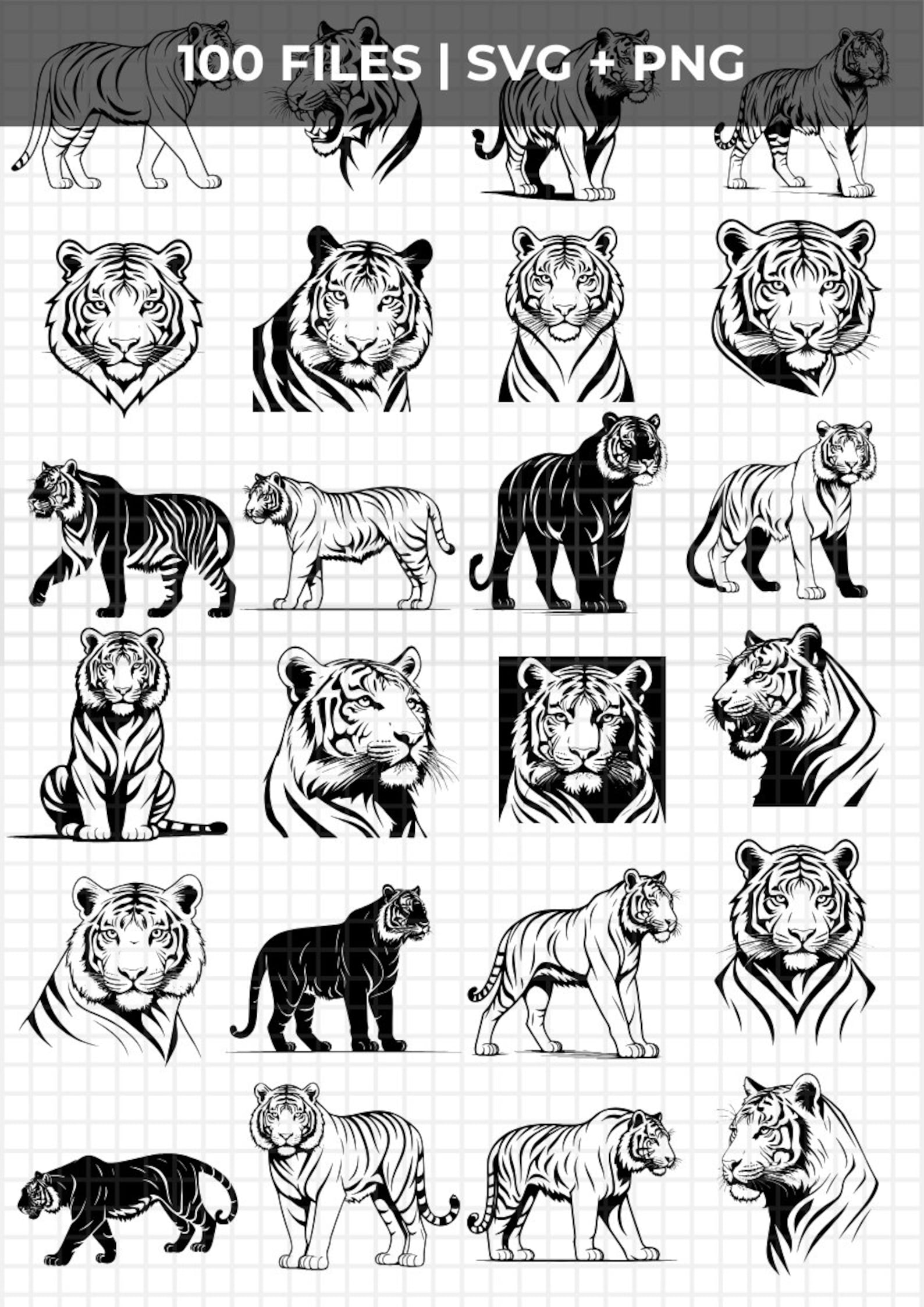 Tiger 100 SVG Bundle - Tiger PNG, Tiger Silhouette - Instant Download ...