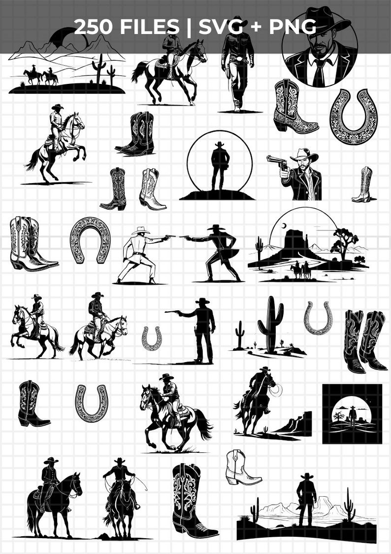 Wild West Cowboy 250 SVG Bundle - Hats, Boots, Cactus, Horse, Western ...