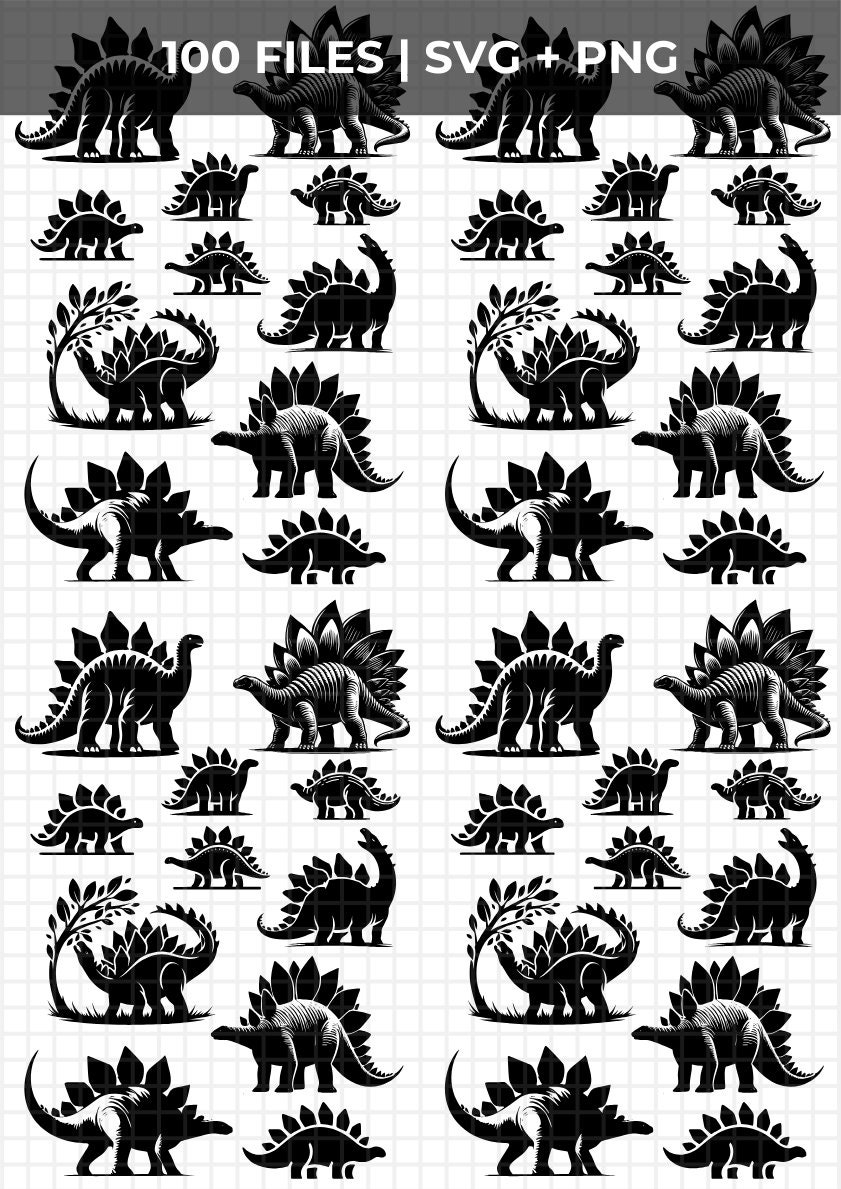 Dinosaur 100 SVG Bundle - T-rex, Triceratops, Velociraptor, Stegosaurus ...