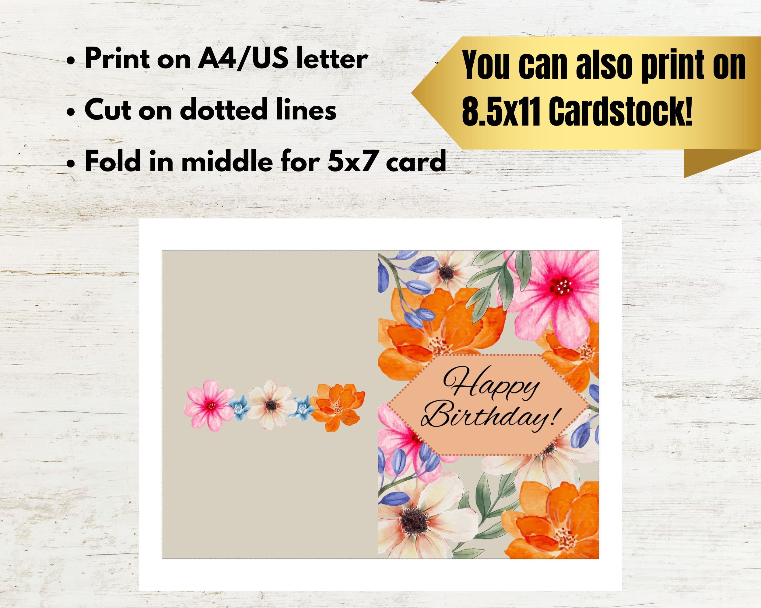 Printable 5x7 Happy Birthday Card | Floral Birthday Card Print ...