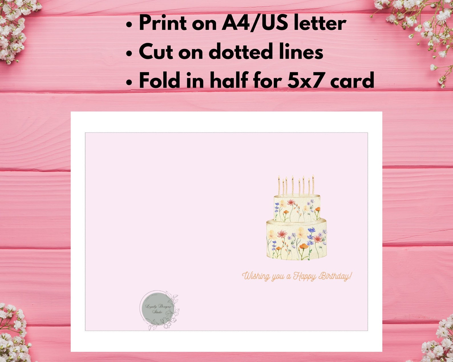 Printable 5x7 Happy Birthday Card Wildflower Cake Birthday Card Digital ...