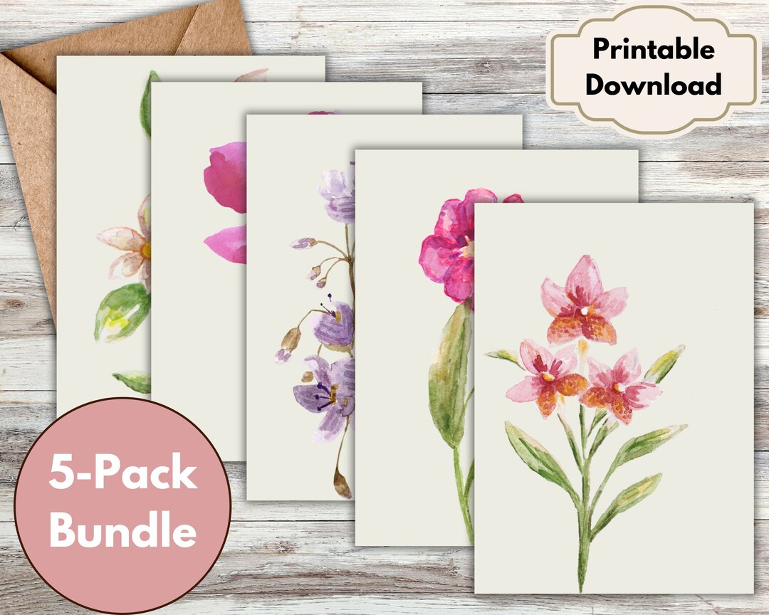 Printable 5x7 Cards| Card Bundle| 5 Cards| Flower Greeting Cards ...