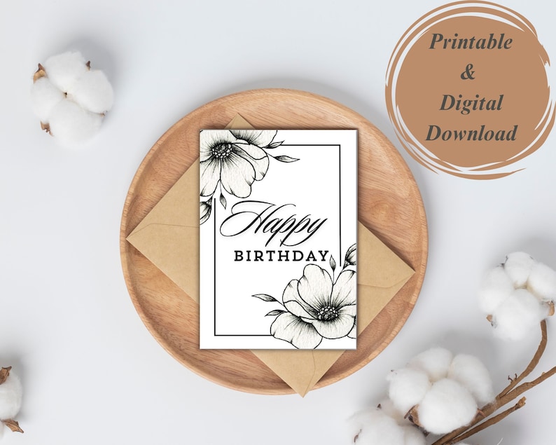 Printable 5x7 Happy Birthday Card | Black and White Birthday Card ...