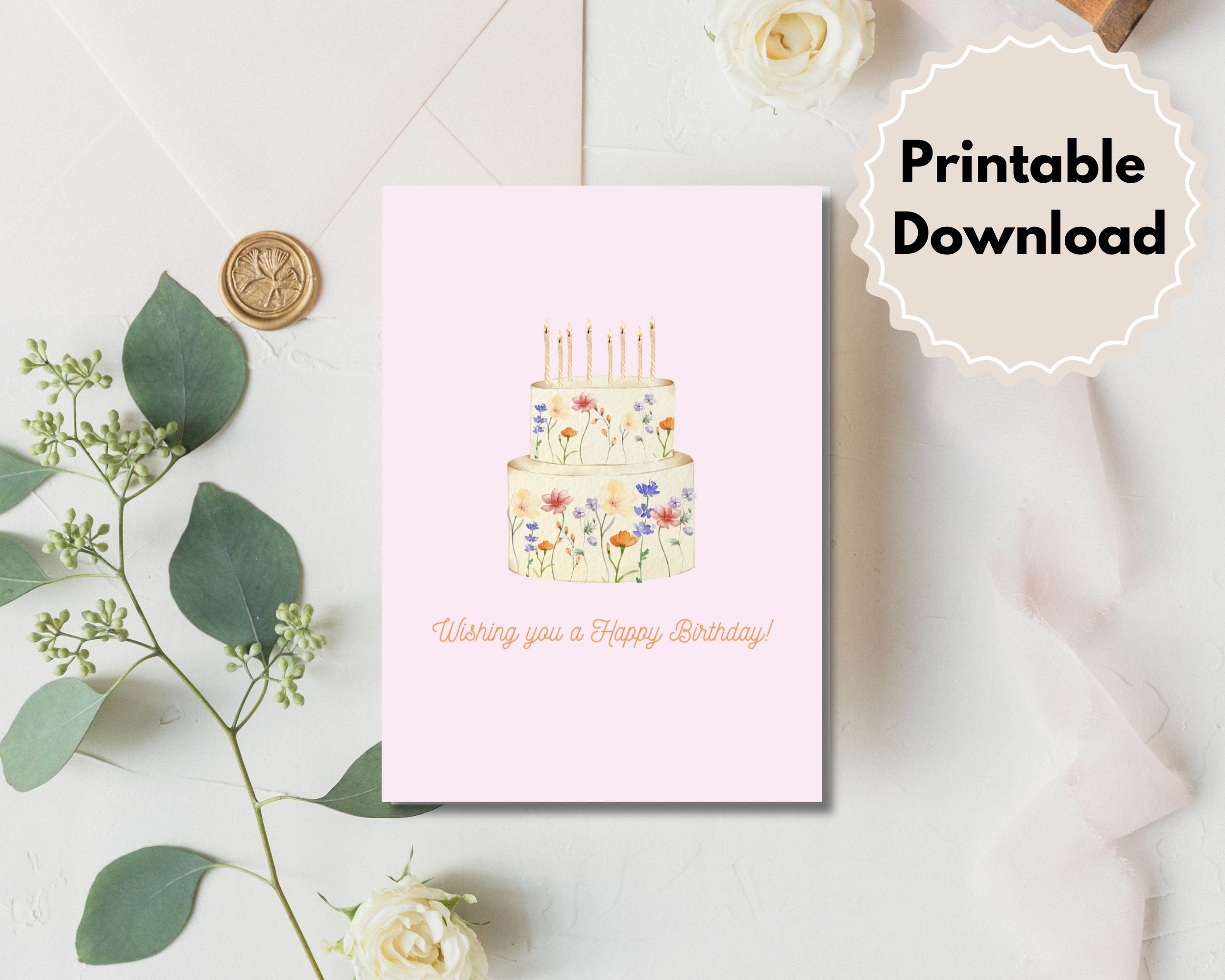 Printable 5x7 Happy Birthday Card Wildflower Cake Birthday Card Digital ...