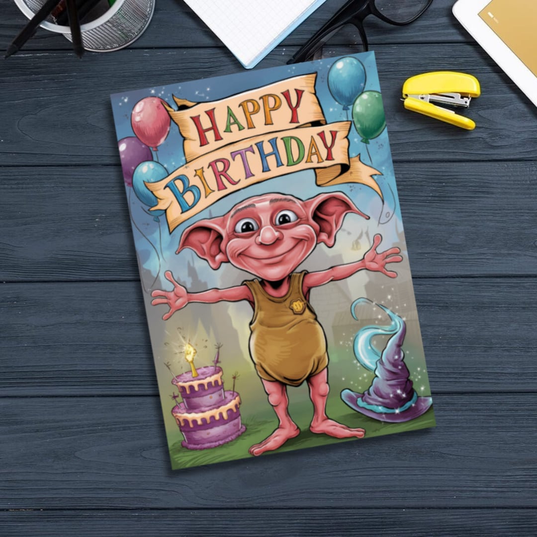 Birthday Card Dobby Birthday Card Harry Potter Style Wizard Birthday ...