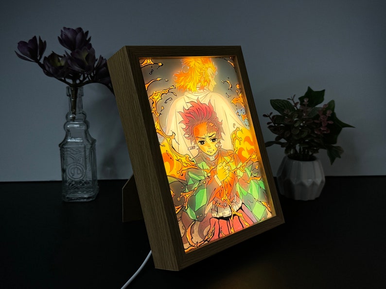 Demon Slayer Tanjiro Rengoku Anime Light Frame Box Painting Decor Night ...