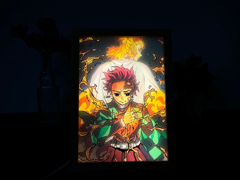 Demon Slayer Tanjiro Rengoku Anime Light Frame Box Painting Decor Night ...