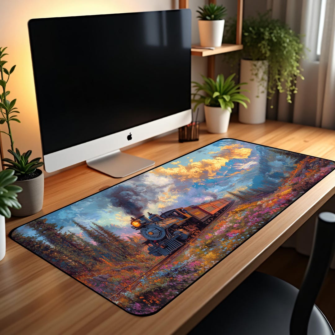 Color Train Paint, Aesthetic Desk Pad, Gaming Mousepad XL, Art Nouveau ...