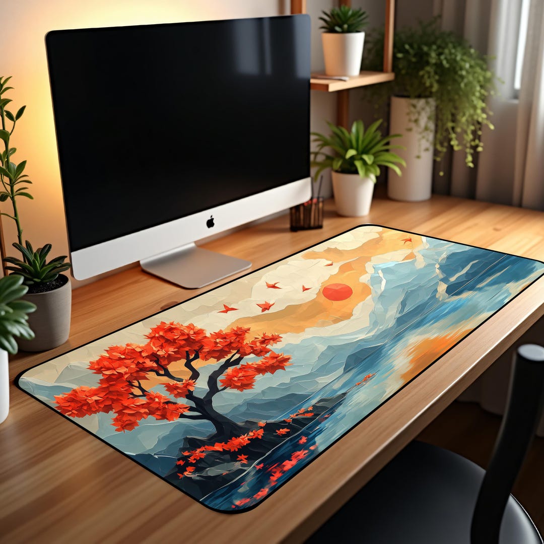 Origami Landscrape, Aesthetic Desk Pad, Gaming Mousepad XL, Art Nouveau ...